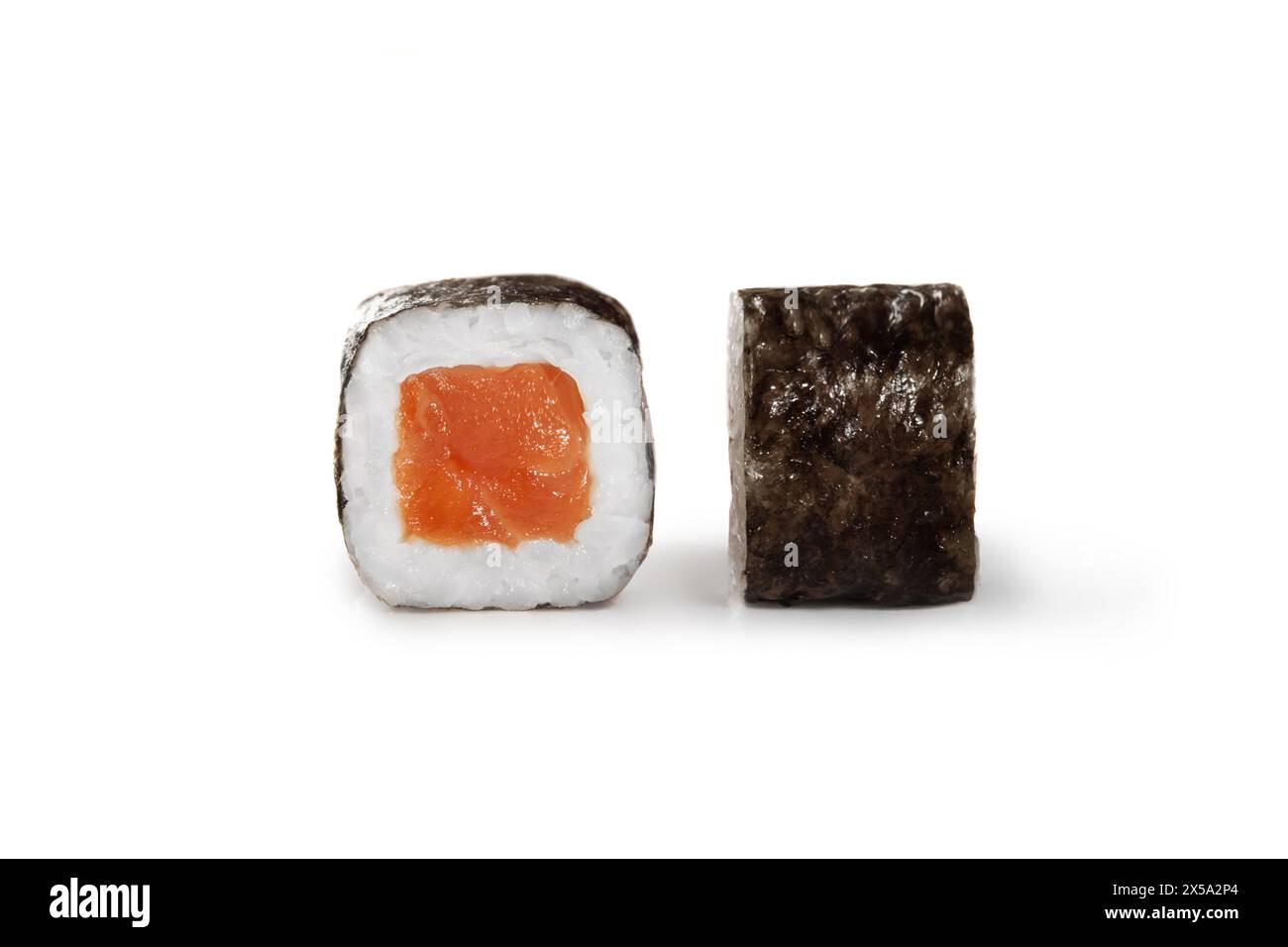 Closeup of classic salmon maki sushi roll on white background Stock ...