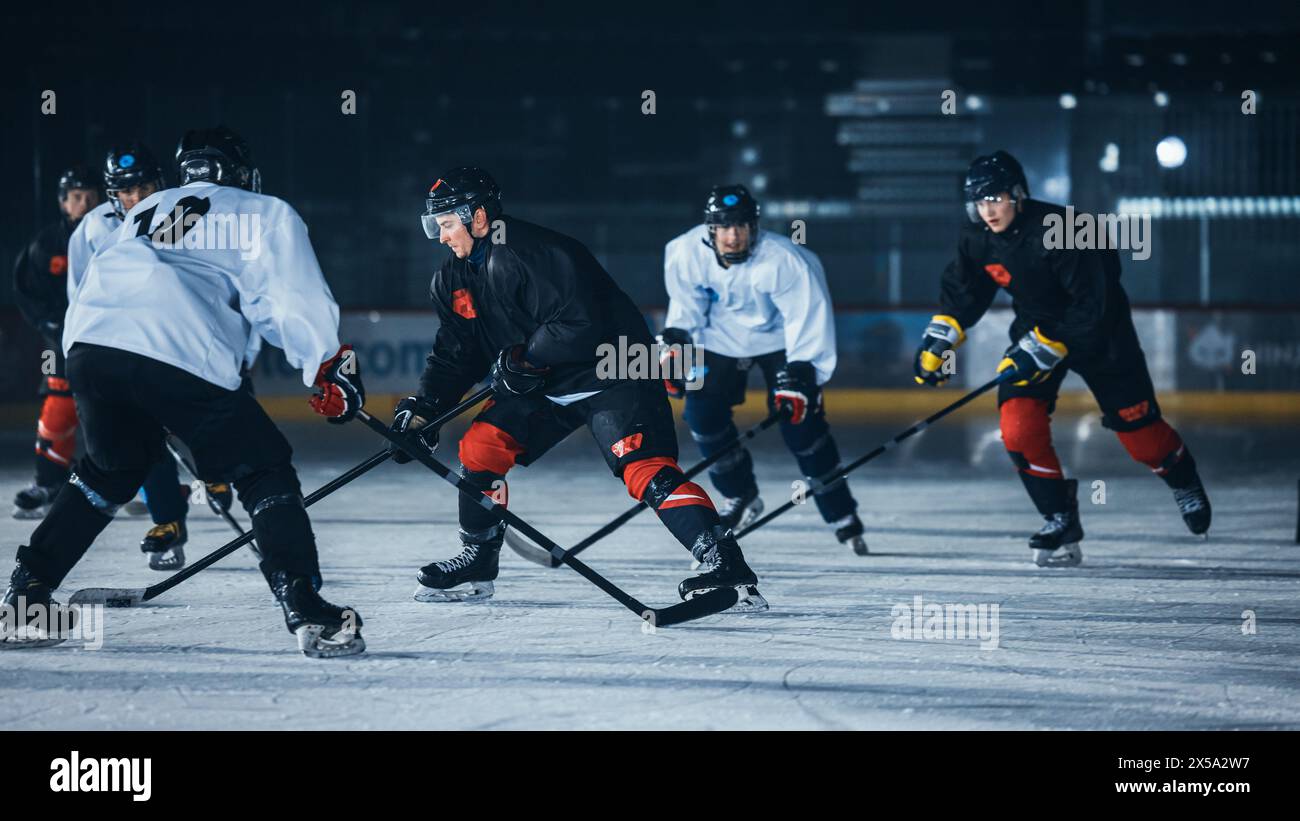 Dark Ice Hockey Rink Arena: Young Players Training, Learning Stick and ...