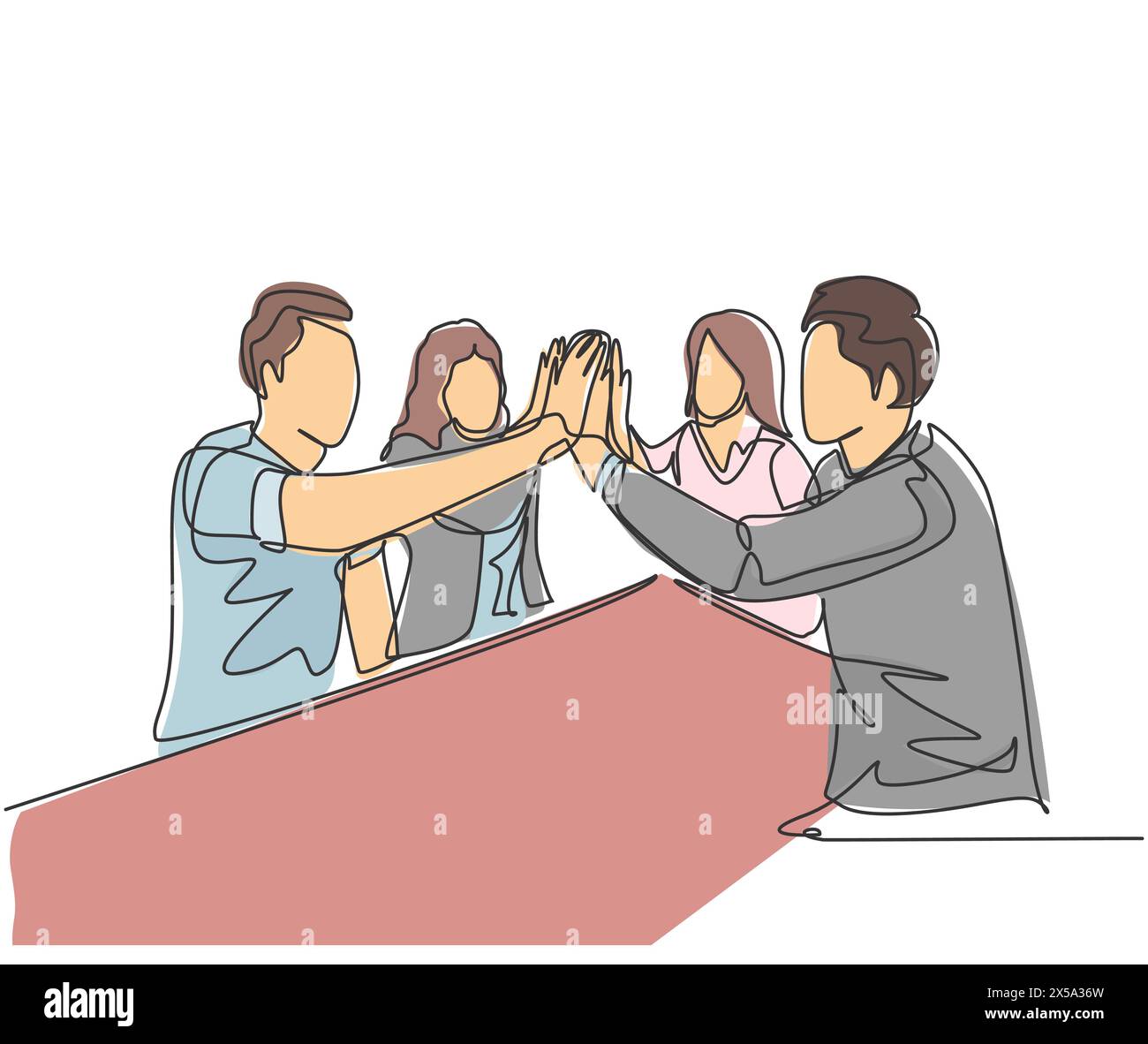 One line drawing of young businessmen and businesswomen celebrating their successive goal at the ...