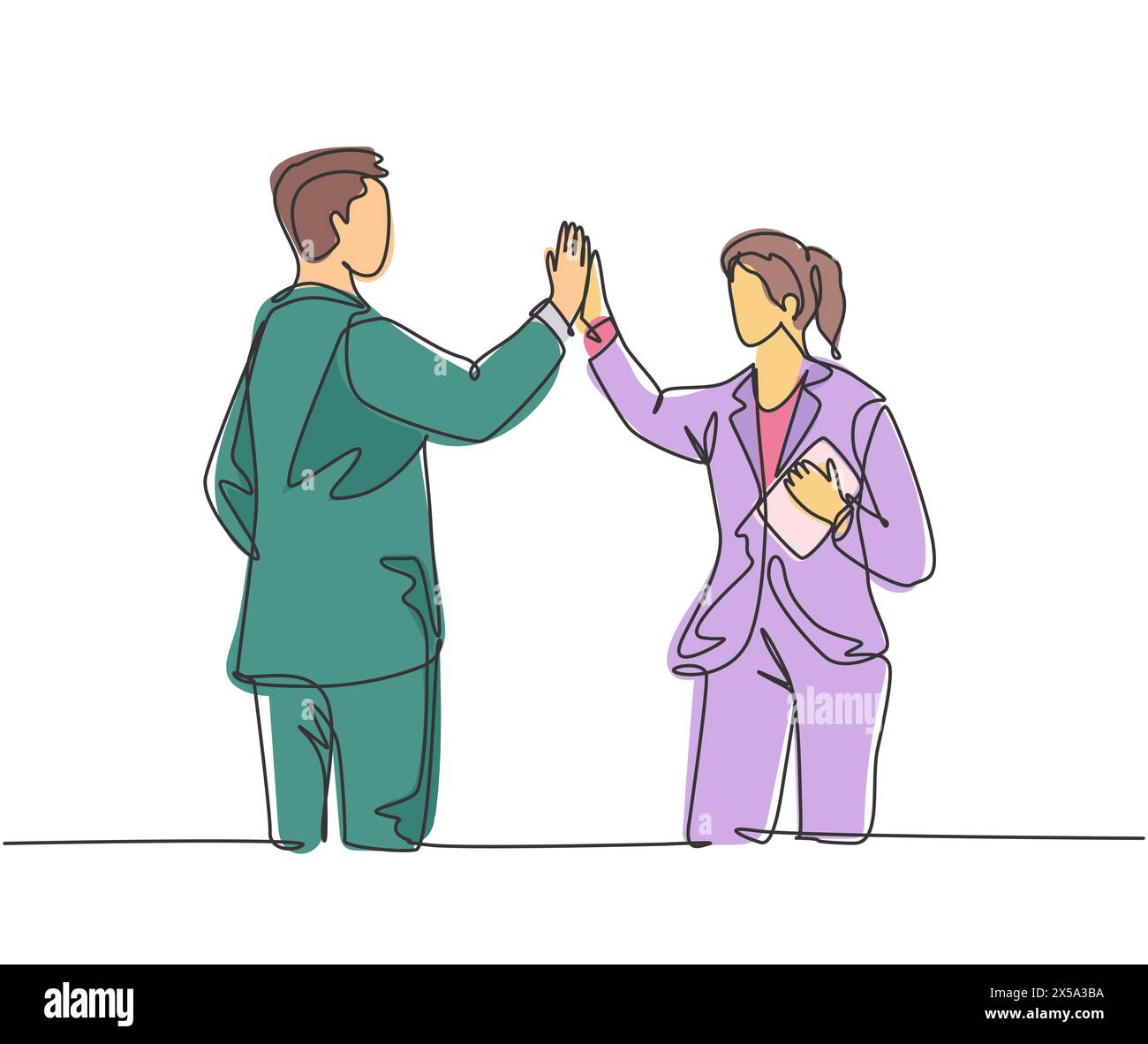 One line drawing of young happy businessman and businesswoman ...