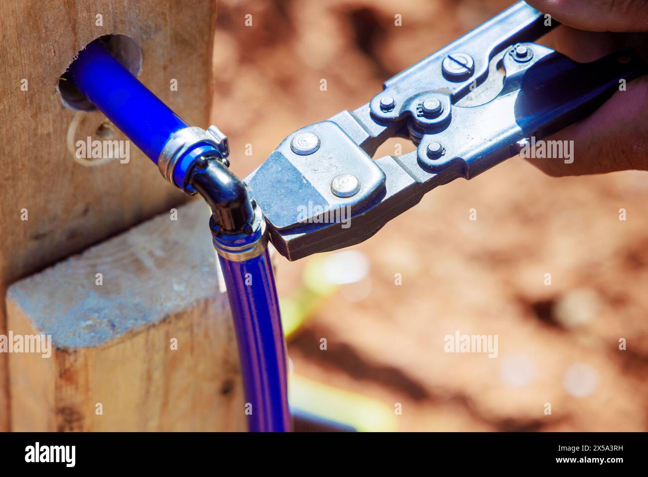 During installation of water piping system, plumber connects blue PVC ...