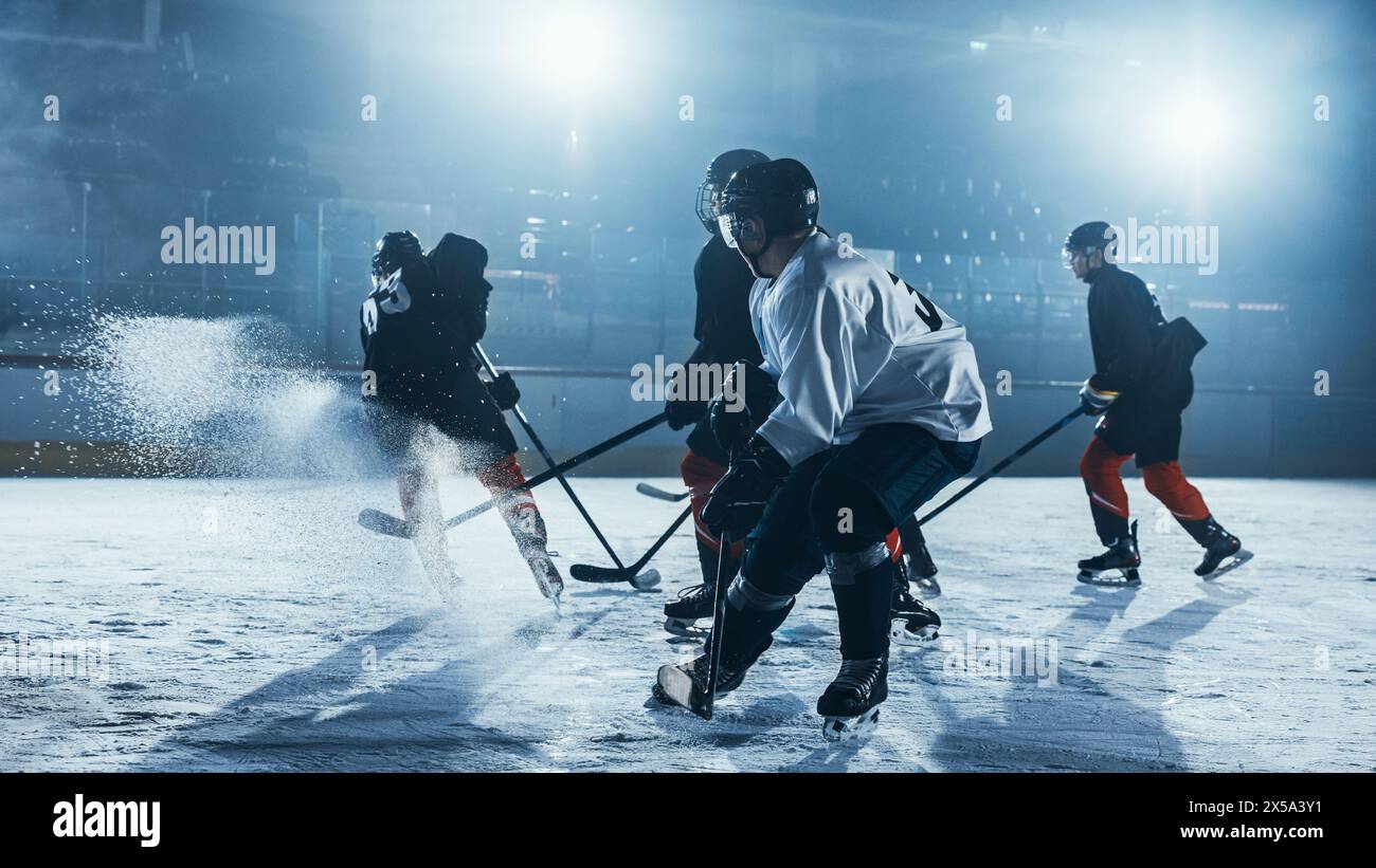 Ice Hockey Rink Arena: Professional Forward Player Breaks Defense ...