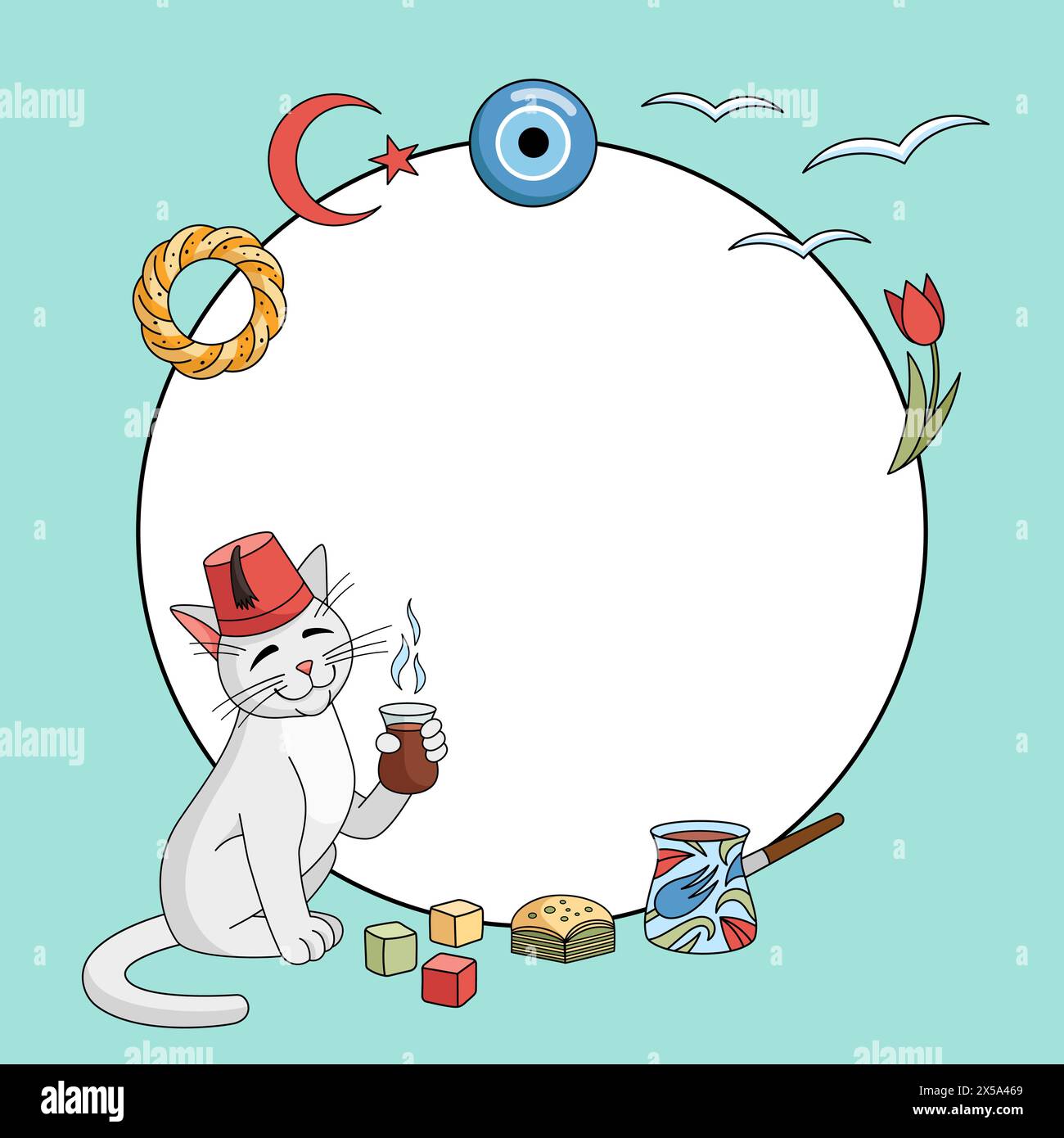 Hand drawn Turkey culture round frame, copy space. Turkish traditional ...