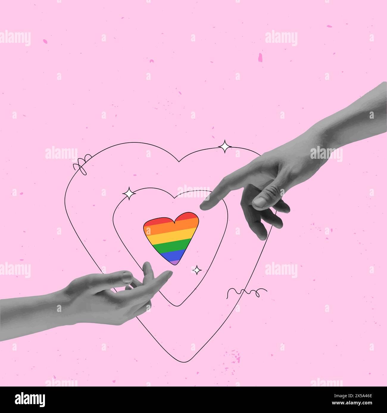Monochrome hands reaching rainbow heart shape against pink background ...