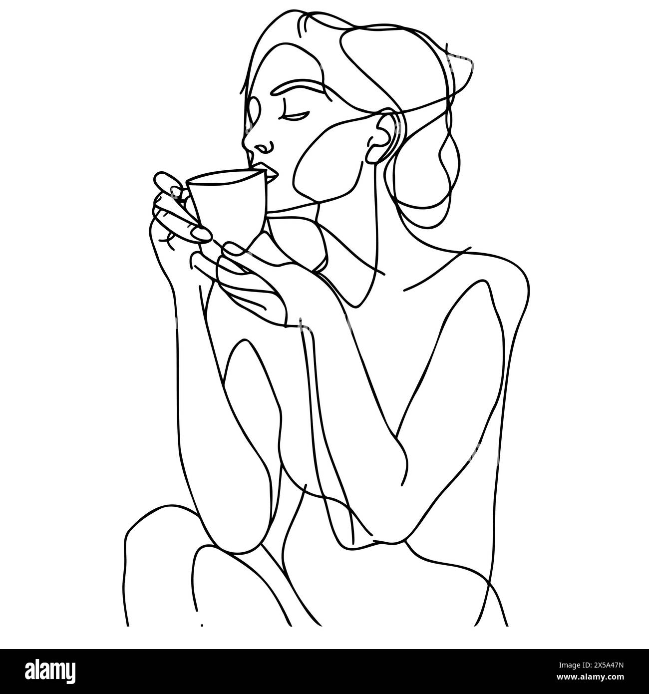 One line drawing of a woman drinking coffee Stock Vector Image & Art ...