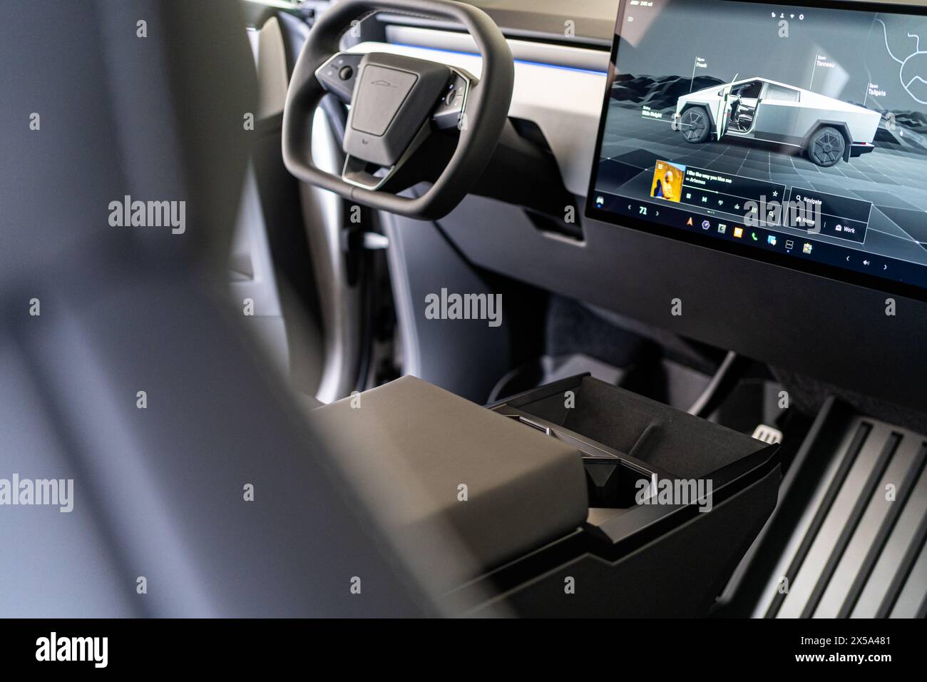 Sleek Interior of Tesla Cybertruck Featuring Futuristic Dashboard Stock ...