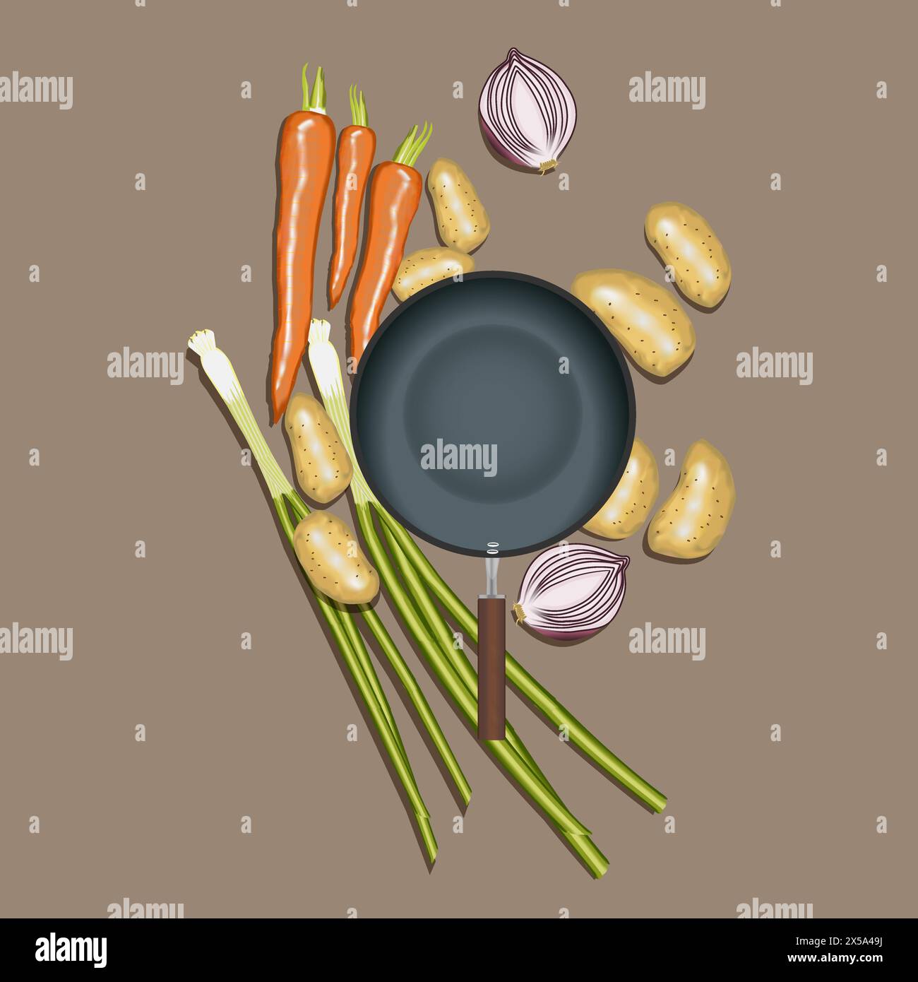 cooking vegetable stew in a pan of potatoes, carrots, green onions, red ...