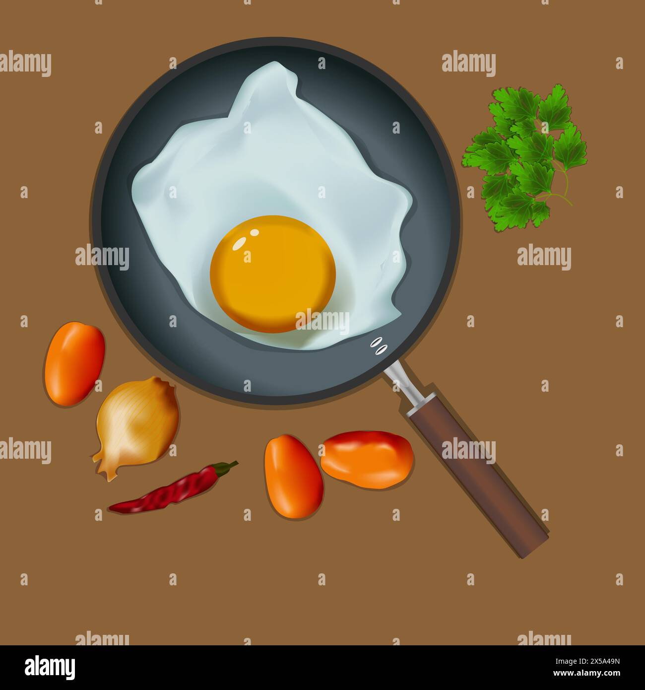 cooking fried eggs with tomatoes, peppers and parsley in a pan, vector ...