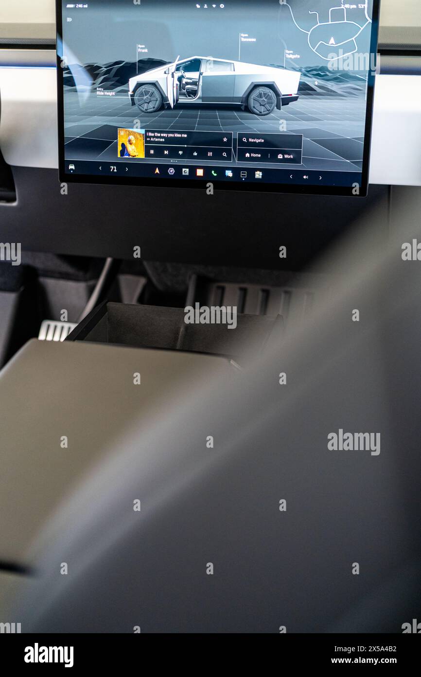 Sleek Interior of Tesla Cybertruck Featuring Futuristic Dashboard Stock ...