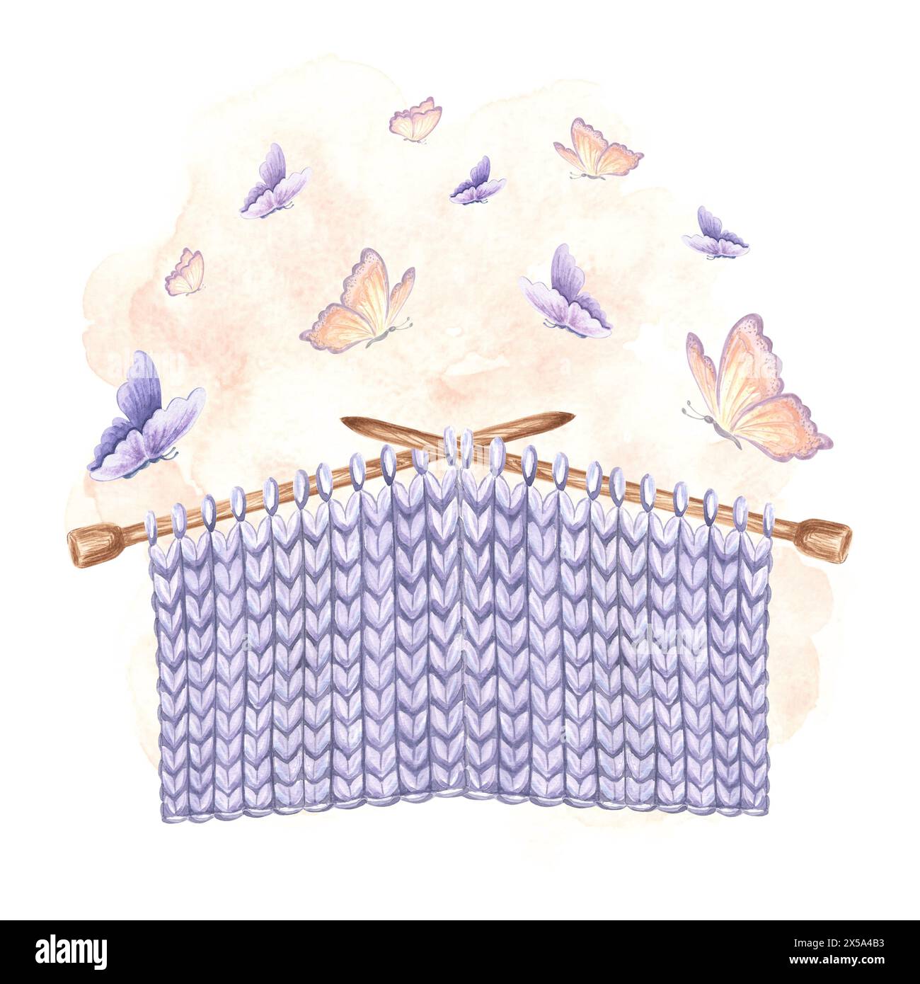 Butterflies flutter over Knitted fabric sample on knitting needles ...
