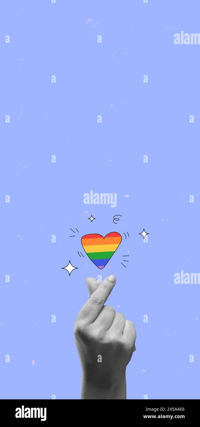 Monochrome hand showing love symbol with rainbow colors heart shape ...