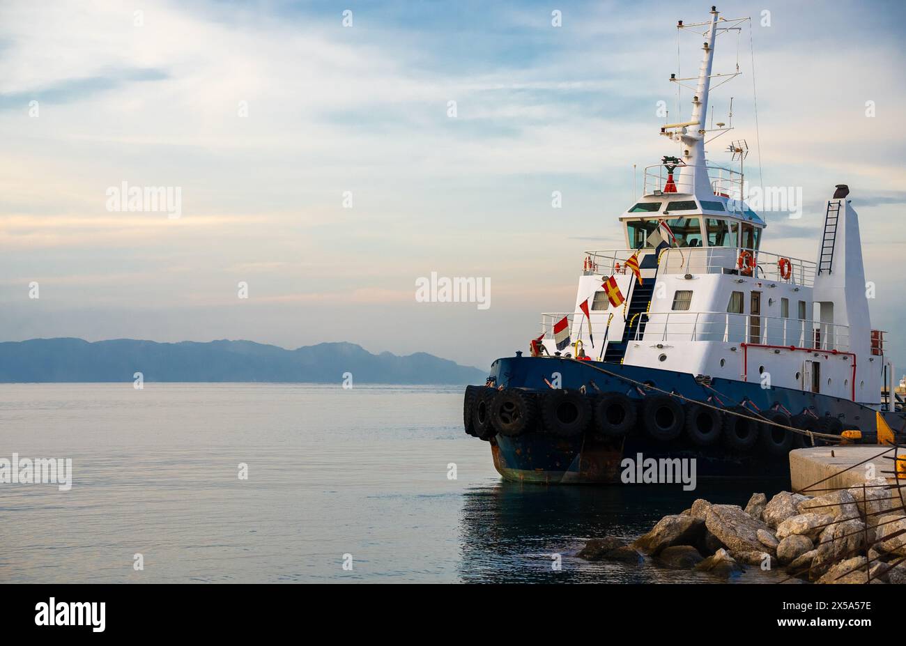 Modern tugboat moored in the sea port Stock Photo - Alamy