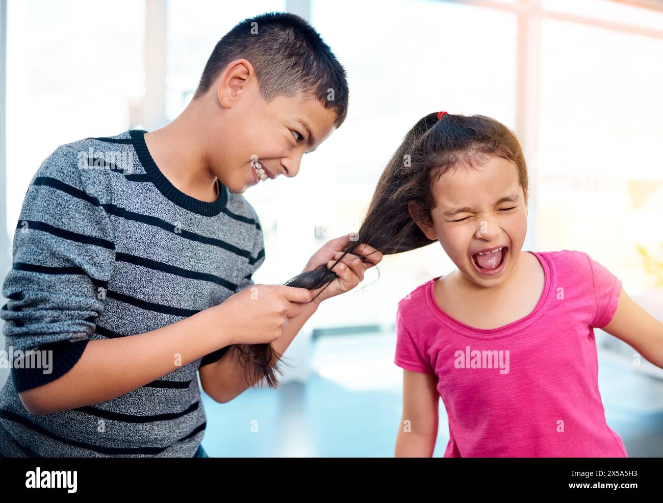 Children, sibling and boy pulling hair for prank, anger and girl crying ...