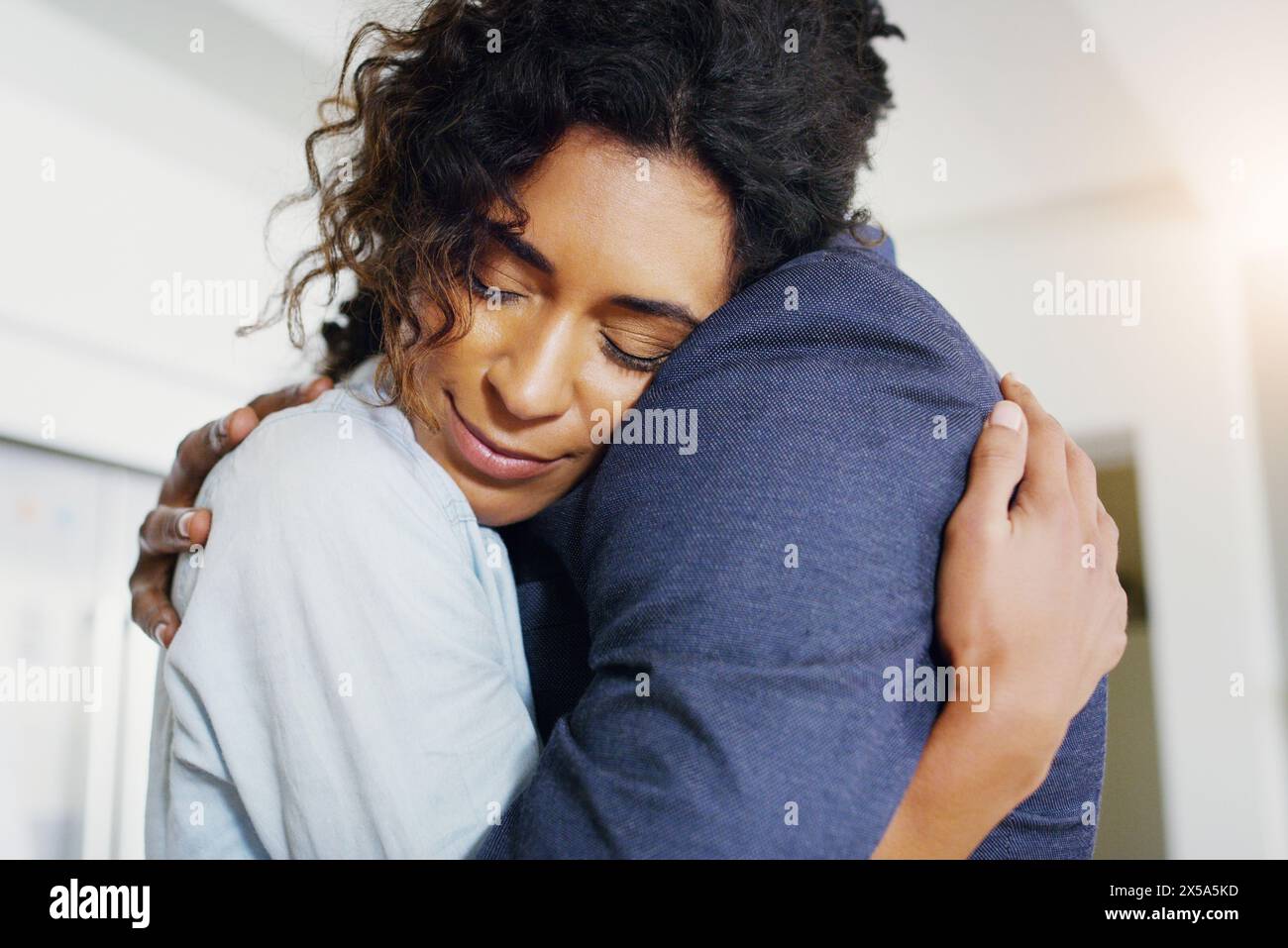 Couple, hug and happy in home with love, care and connection with ...