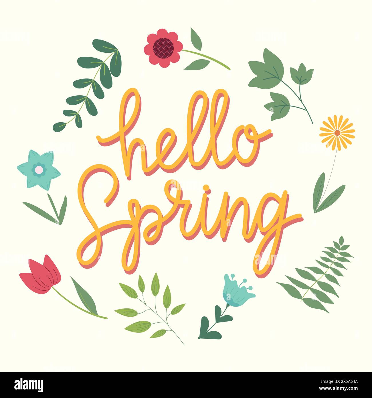 Hand drawn lettering Hello spring card with decorative floral frame ...