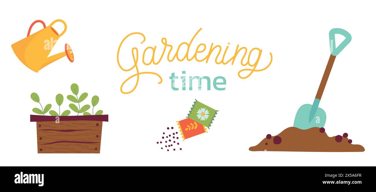 Gardening time set of illustration. Watering can, plants, vegetables ...