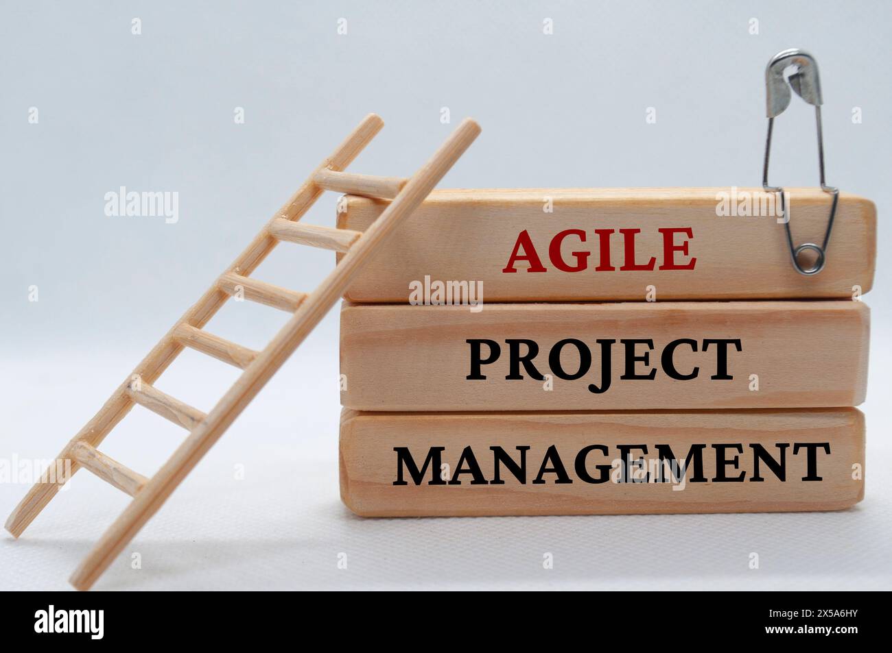 Agile project management text on wooden blocks with small toy ladder ...