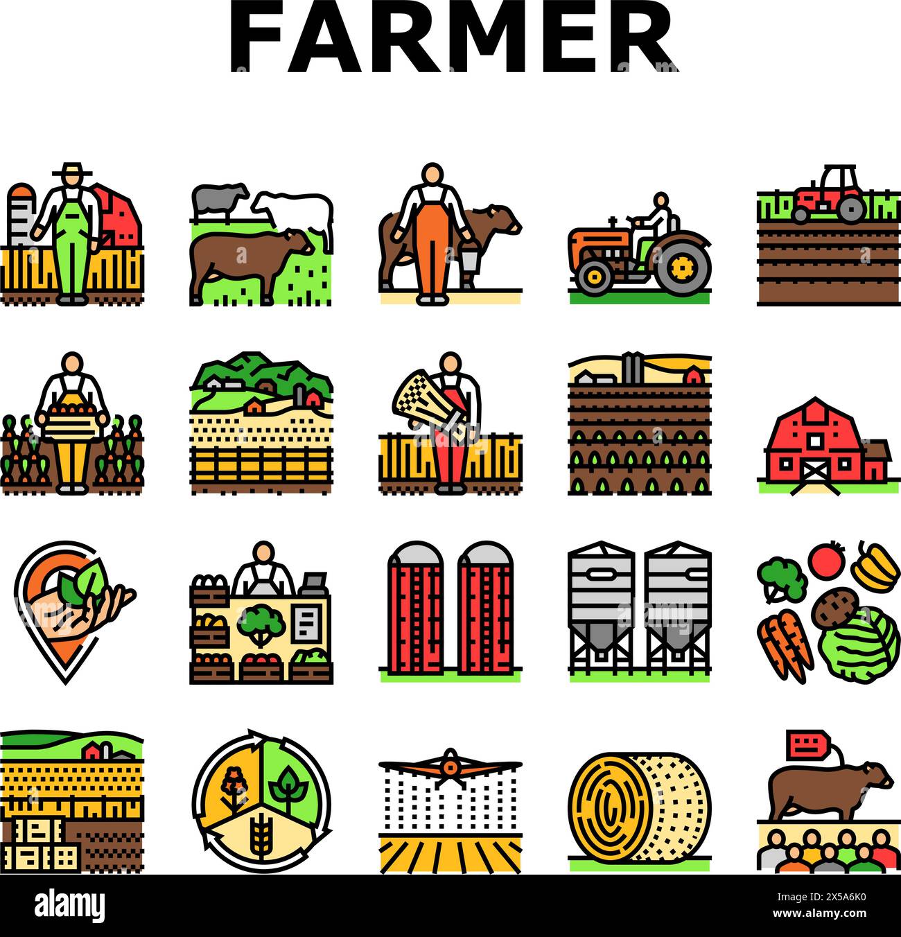 farmer farm agriculture field man icons set vector Stock Vector Image ...
