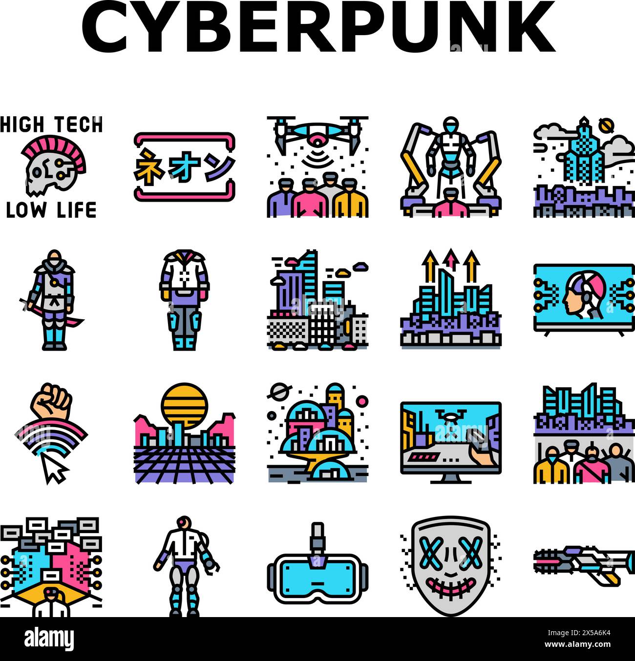 cyberpunk digital city future icons set vector Stock Vector Image & Art ...