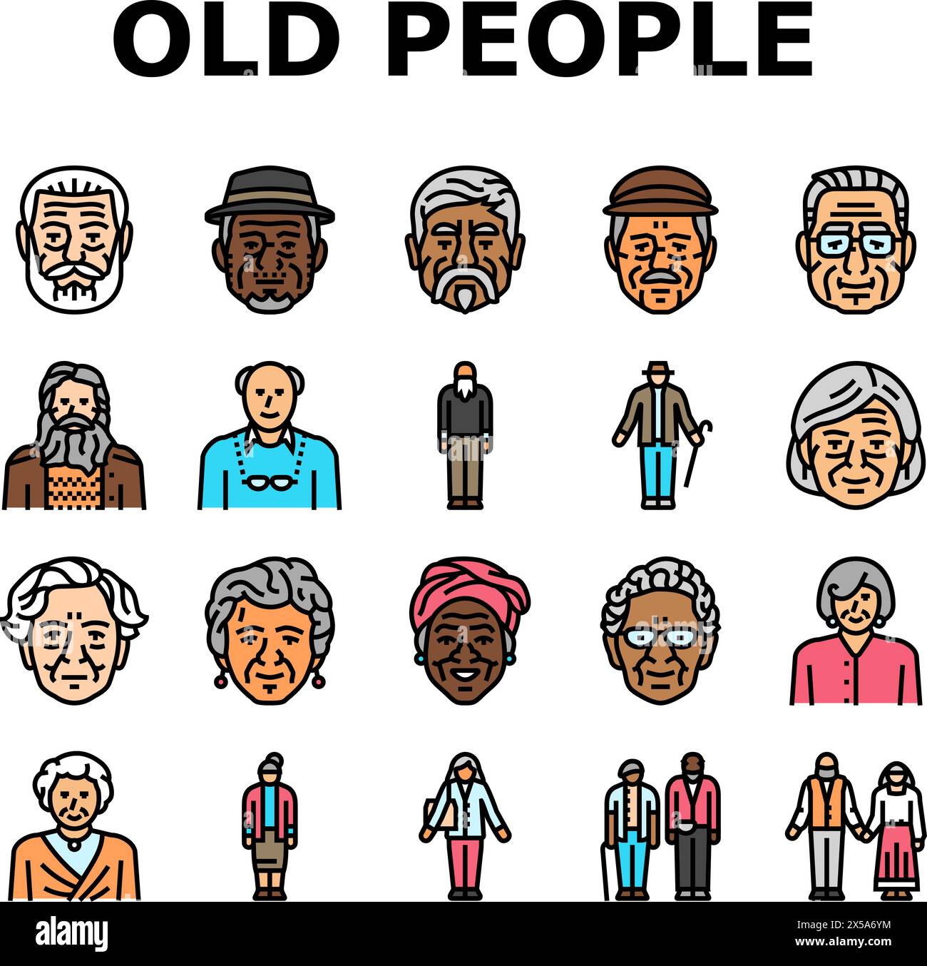 old people senior happy mature icons set vector Stock Vector Image ...