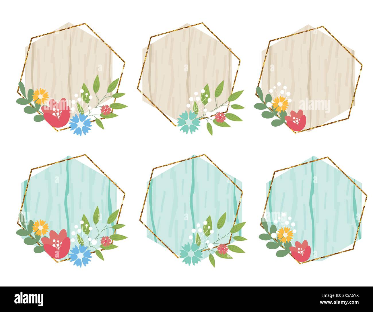 Wooden design elements set with flowers. Vector wood board, frame ...