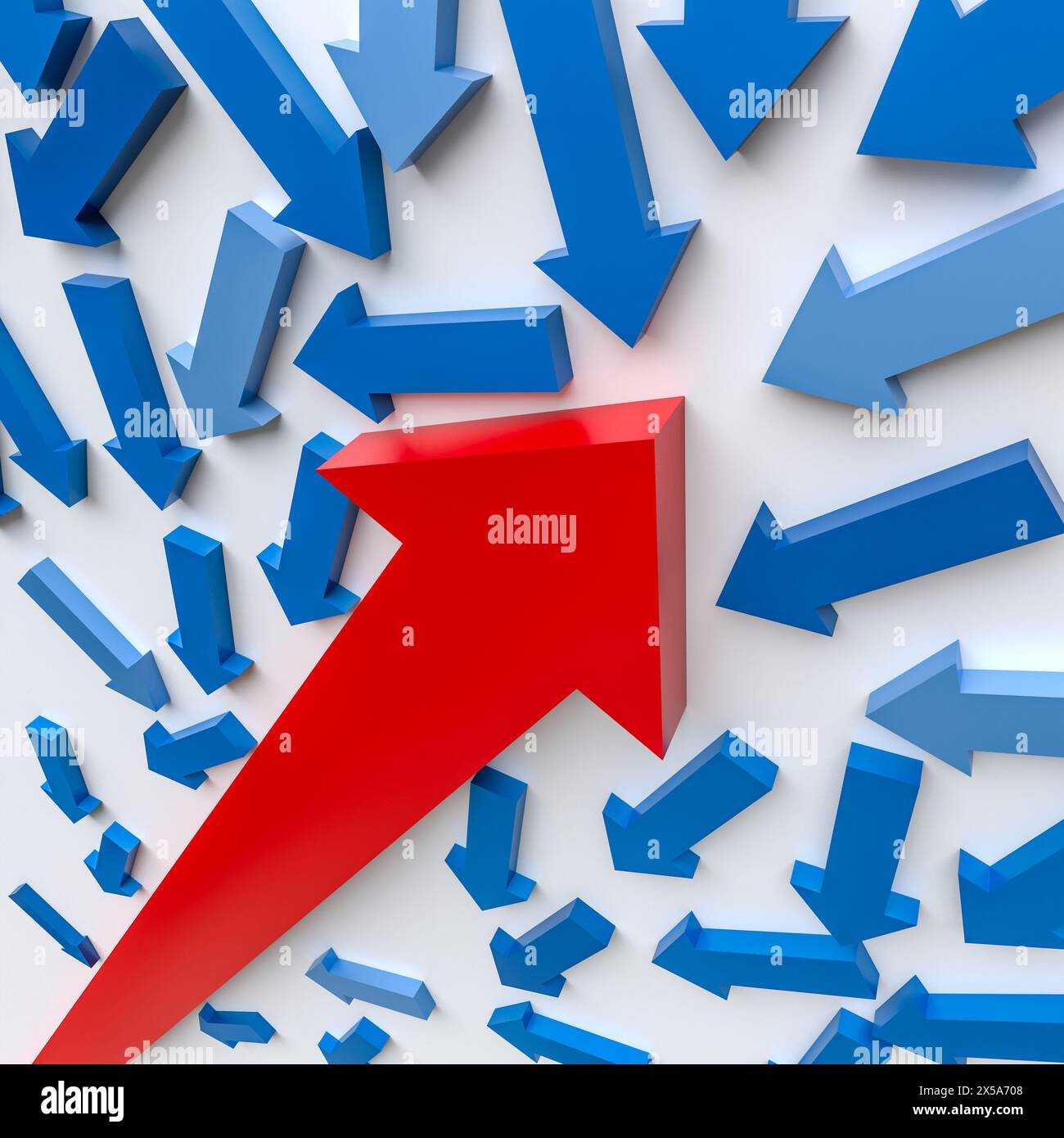 red arrow stands out in a crowd of blue arrows symbolizing leadership ...