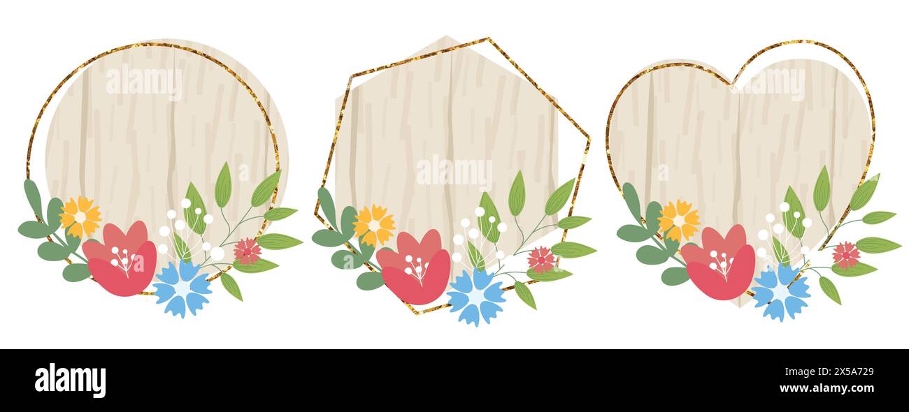Wooden design elements set with flowers. Vector wood board, frame ...
