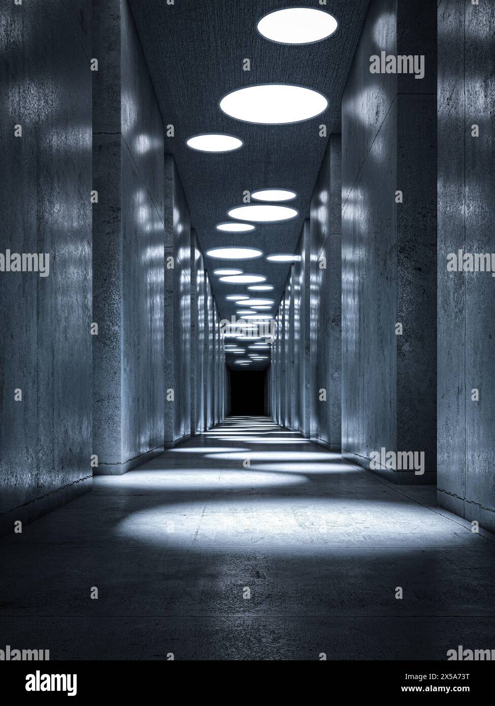 High-contrast image of a long concrete tunnel illuminated by circular ...