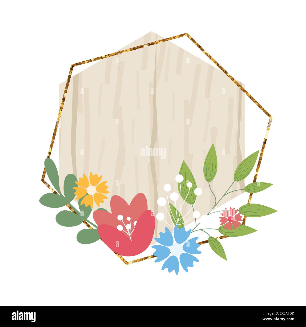Wooden hexagon sign element with flowers. Vector wood board, frame ...