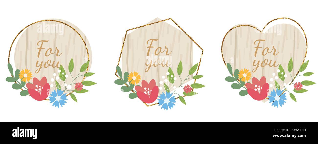 Wooden design elements set with flowers and text For You. Vector wood ...