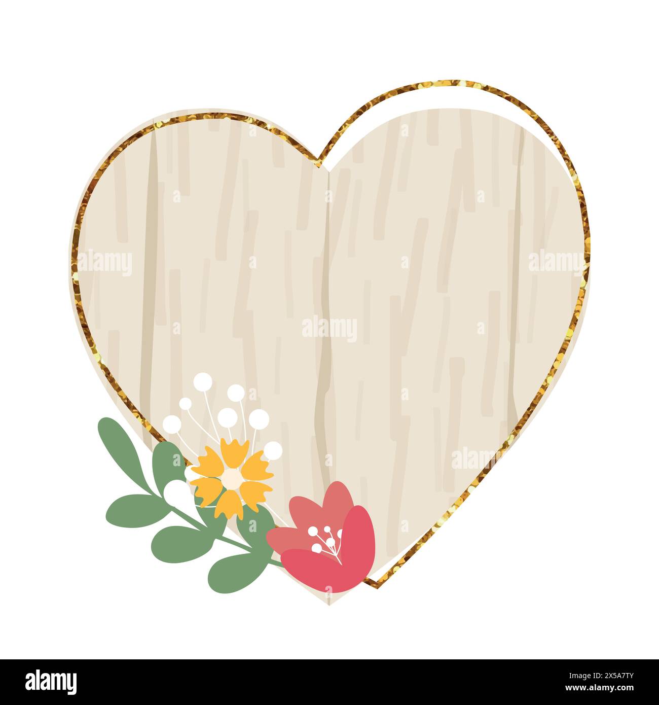 Wooden heart sign element with flowers. Vector wood board, frame, badge ...