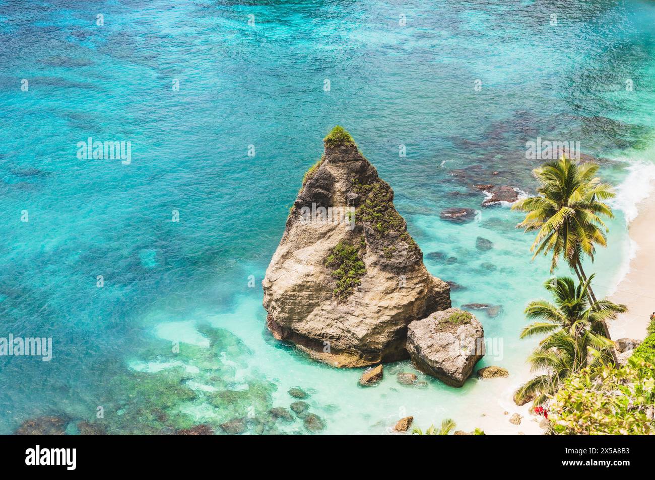 A breathtaking view of Nusa Penida's turquoise waters, lush palm trees ...