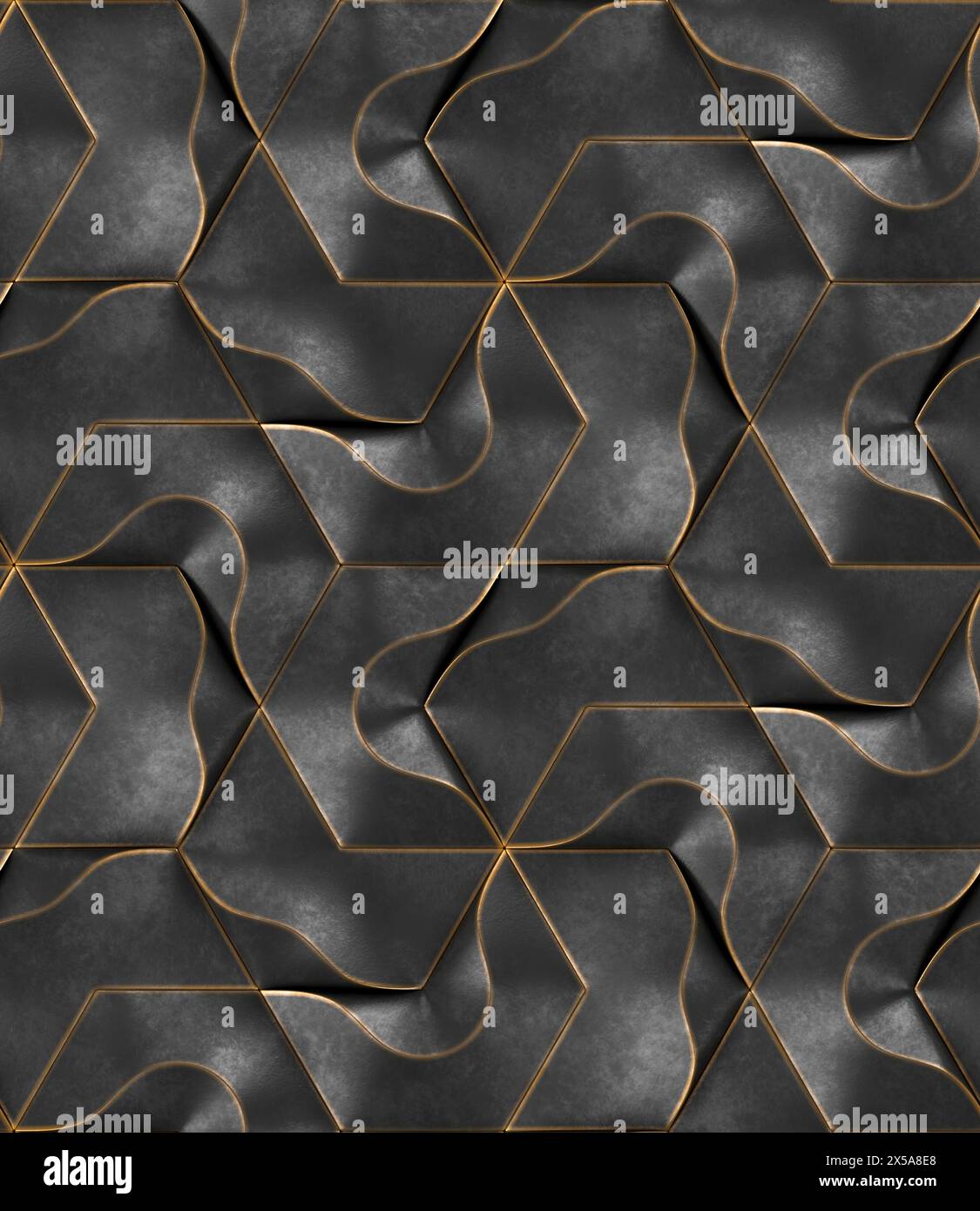 An elegant black tile pattern with intersecting golden lines forming a ...