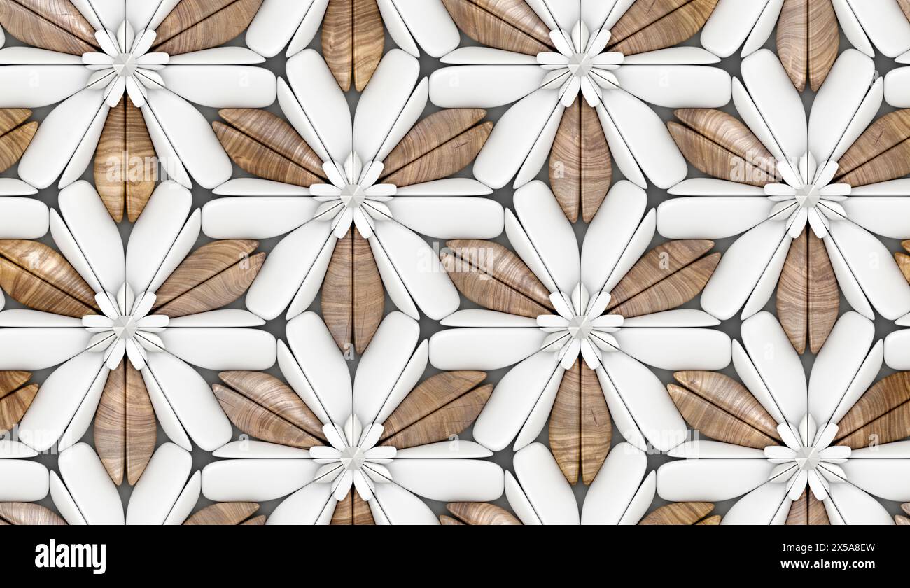 3d hard wood tiles with gold matte elements on black background. High ...