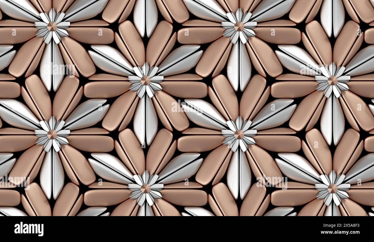 3d hard wood tiles with gold matte elements on black background. High ...