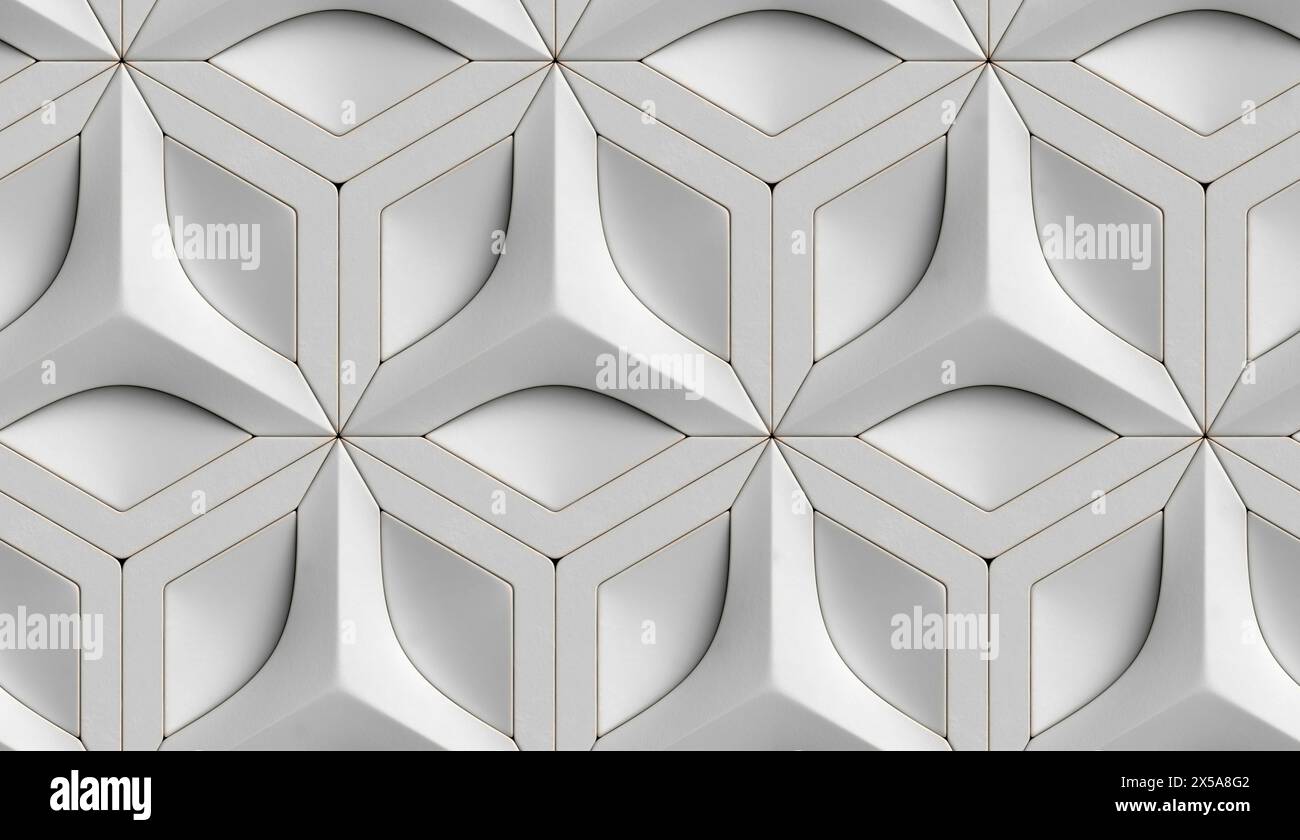 A seamless 3D geometric pattern featuring white abstract shapes with ...
