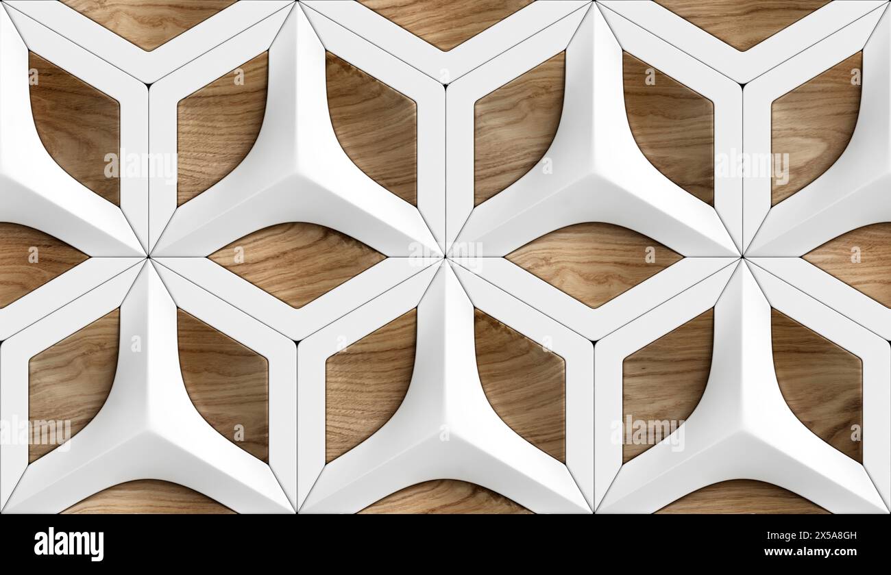 Seamless 3D geometric pattern tiles with white abstract shapes on a ...