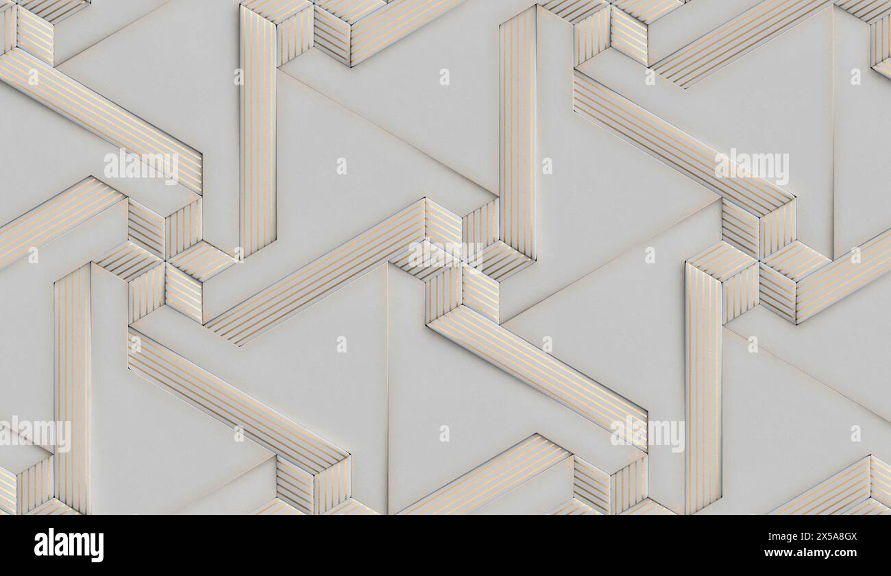 This 3D illustration presents a complex geometric modular structure ...