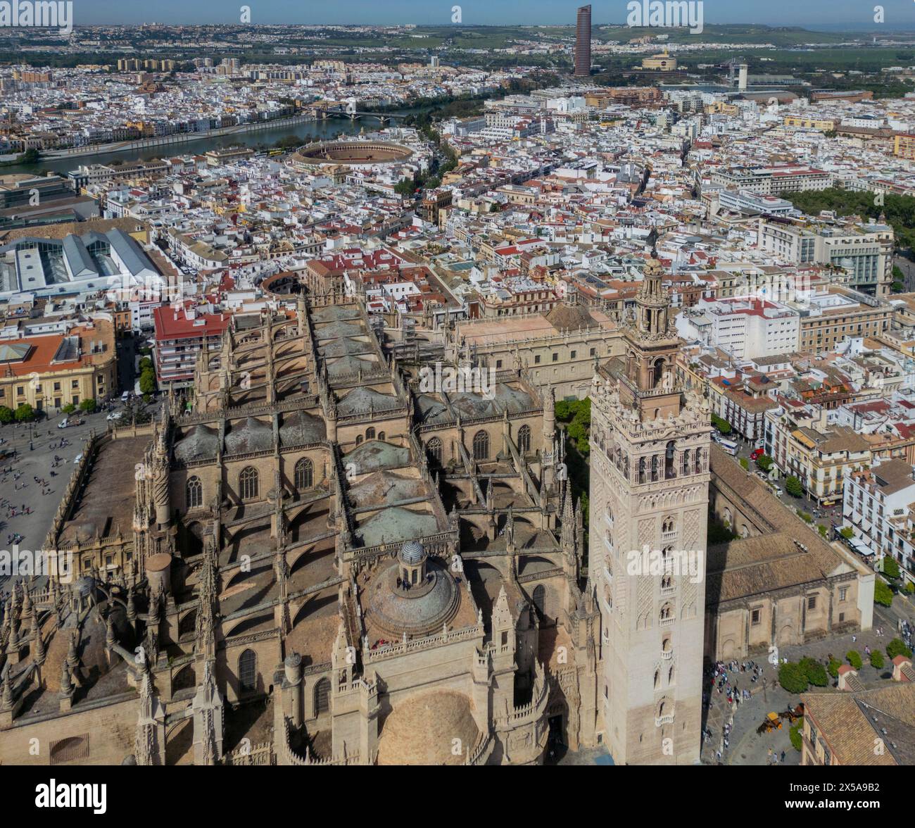 Aerial view of Seville highlighting the iconic cathedral and La Giralda ...