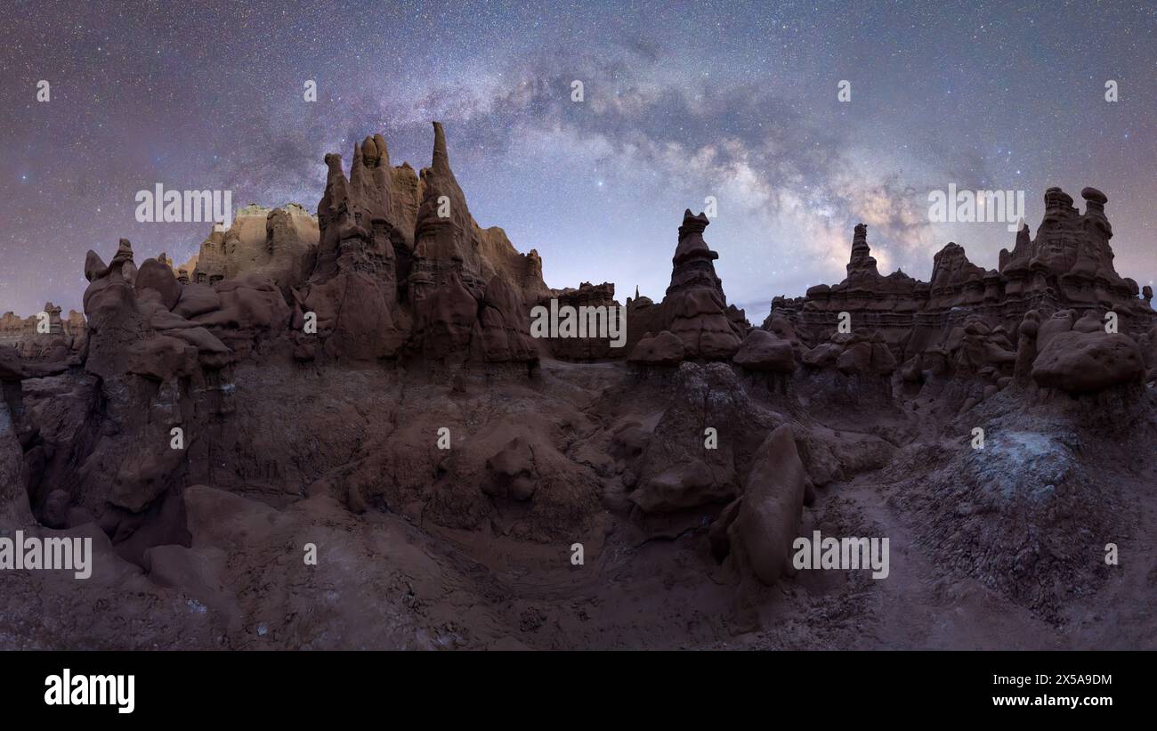 Panoramic night view of Goblin Valley State Park in Utah, USA, with ...
