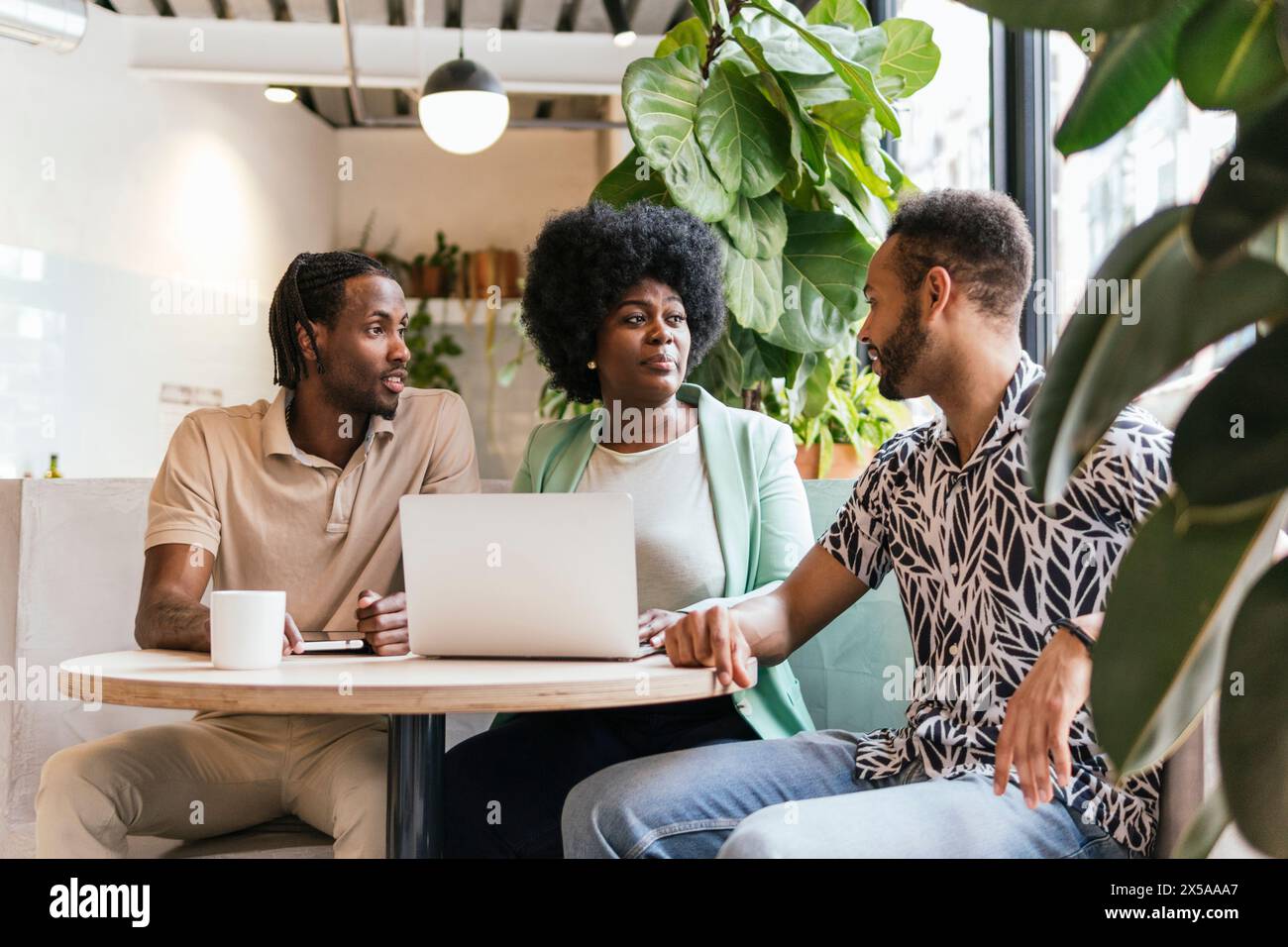 Three professionals collaborating around a laptop in a plant-filled ...