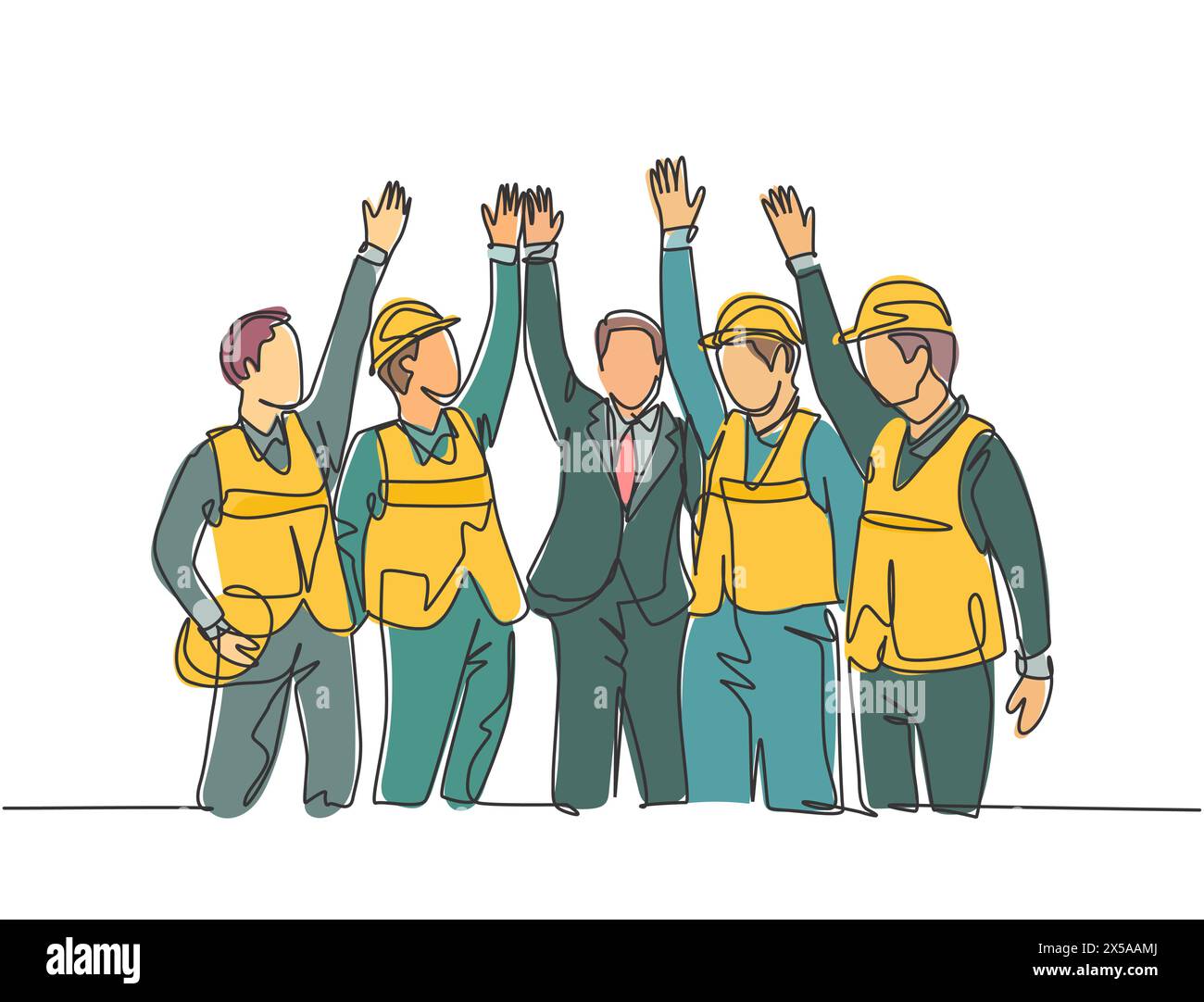 Single line drawing of construction workers and foreman with vest and ... Single line drawing of construction workers and foreman with vest and ...