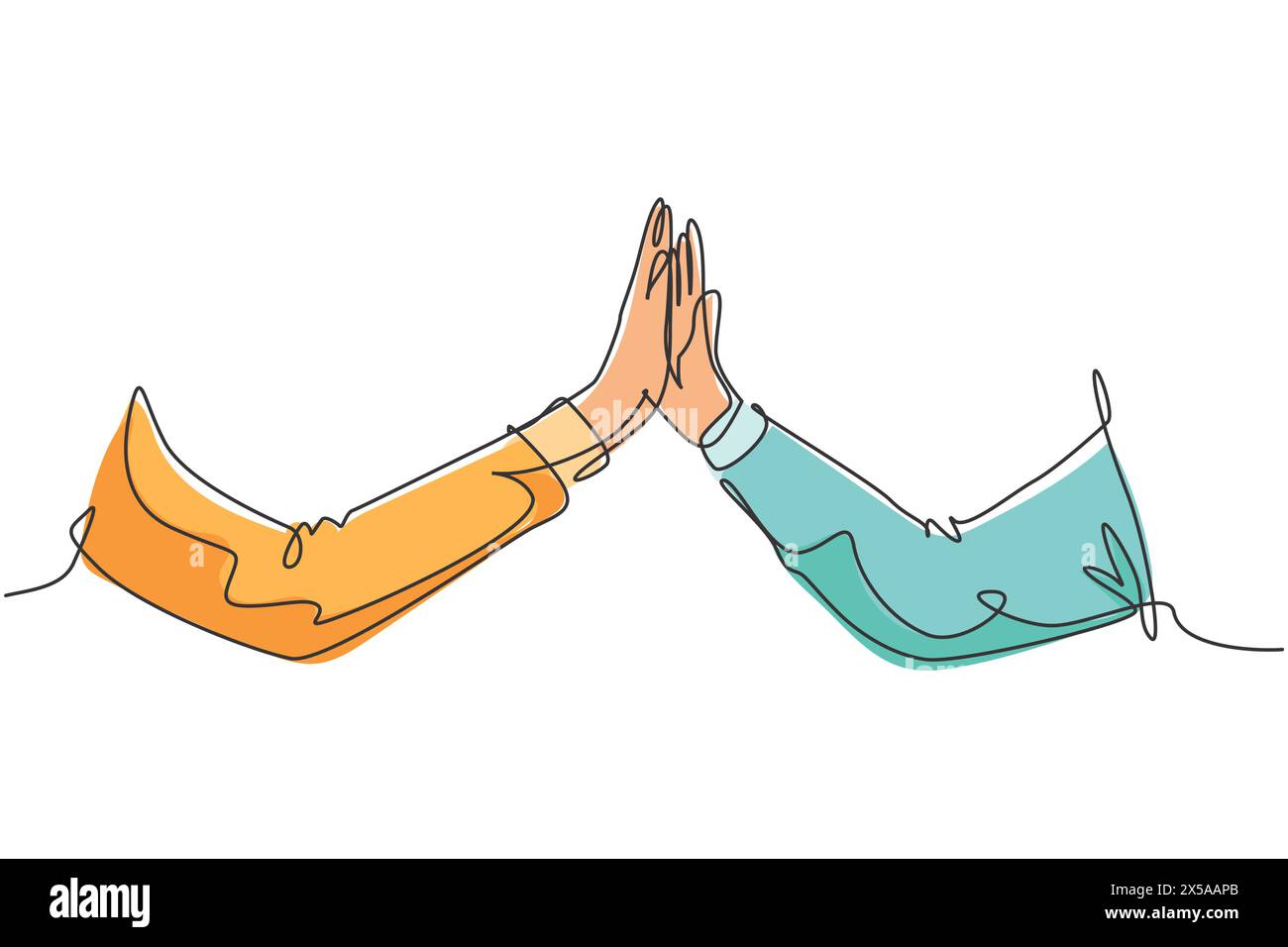 One line drawing of two men giving high fives gesture hands wearing ...