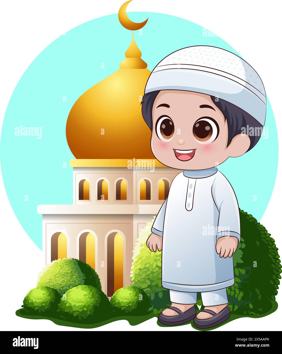 Happy Eid Mubarak, a Muslim boy wearing islamic clothing and a skullcap ...