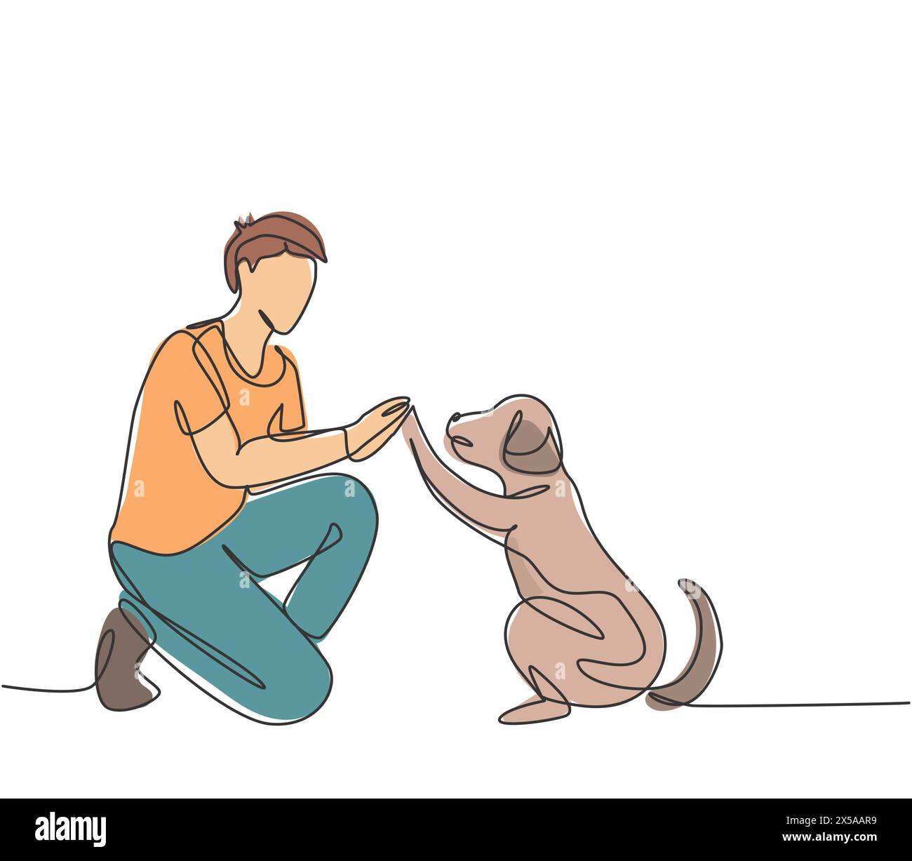 One single line drawing of young happy boy giving high five gesture to ...