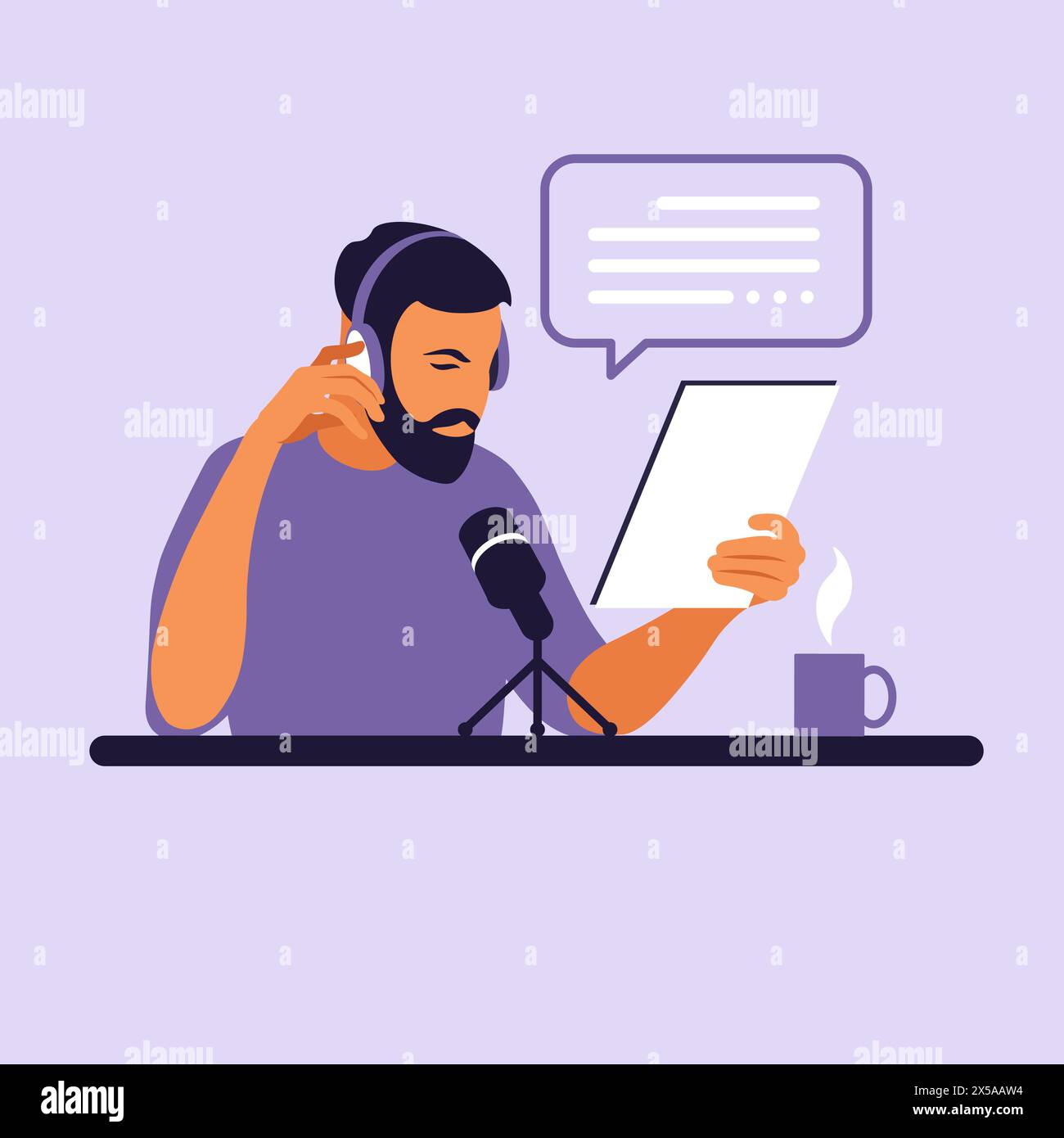 Male podcaster talking to microphone recording podcast in studio. Radio ...