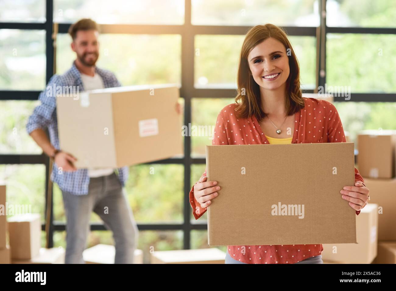 Moving, boxes and excited couple in portrait with happiness for ...
