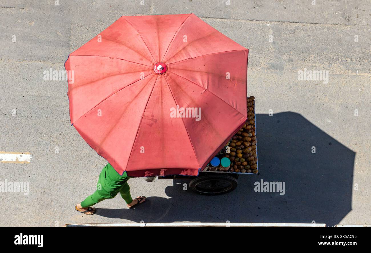 A woman pushes a fruits kiosk covered by a large parasol in the sunny ...
