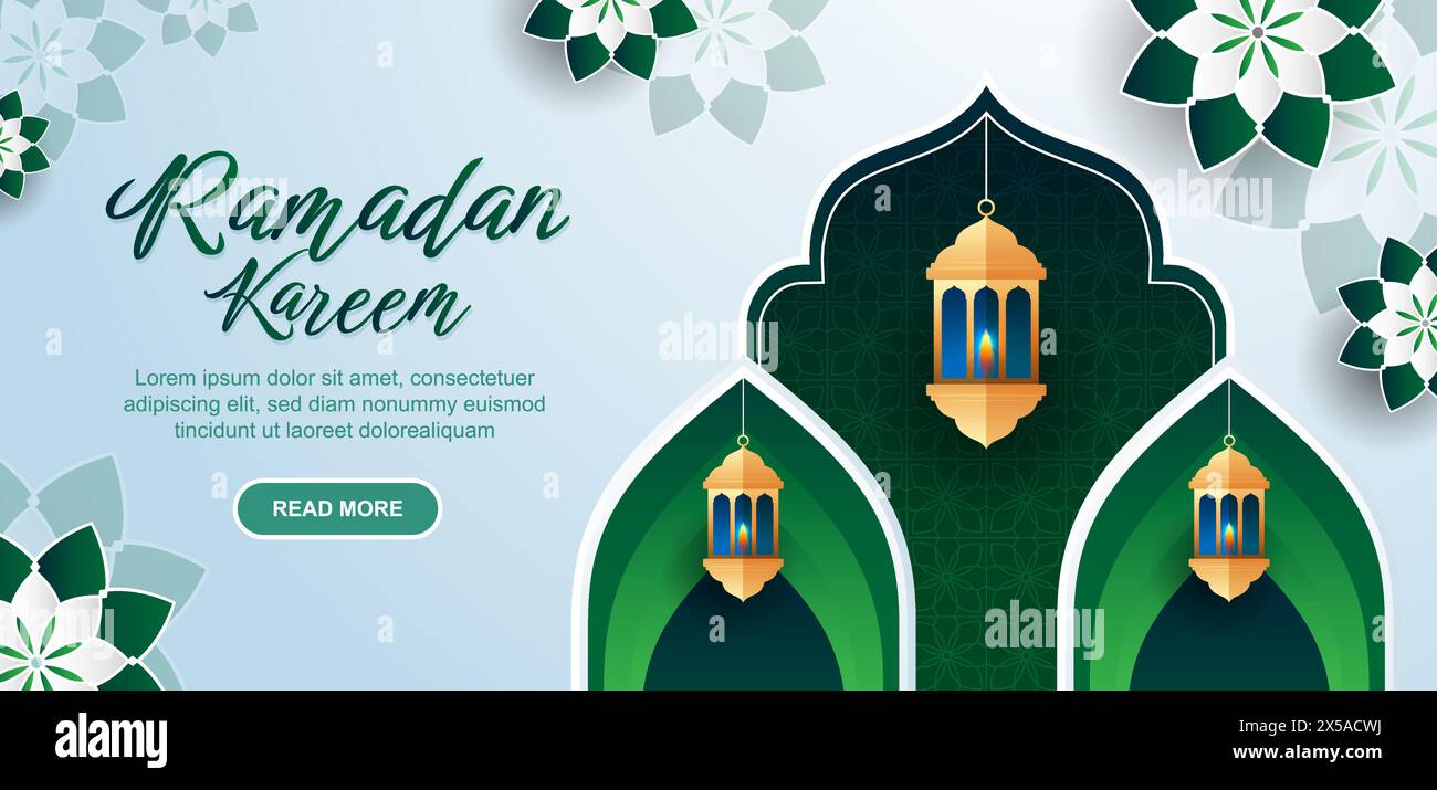 Simple green ramadan banner design, decorated with islamic arch and ...