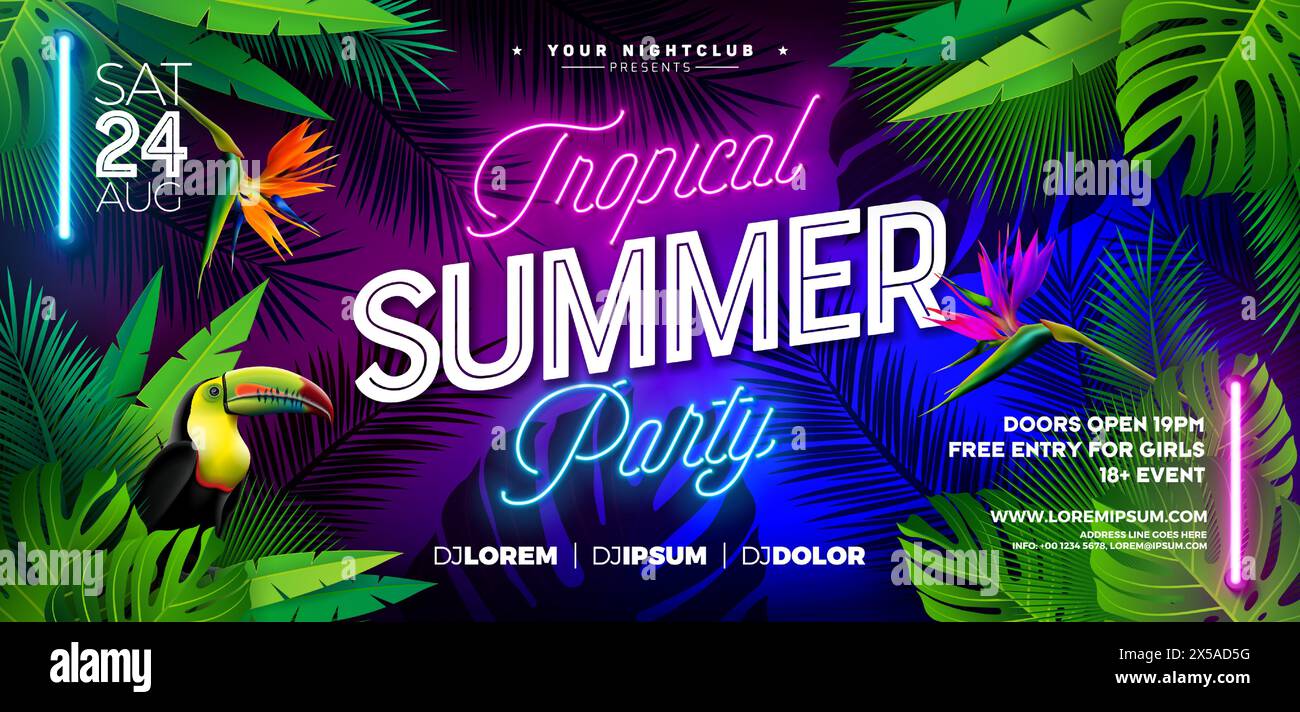 Summer Party Banner Design Template with Glowing Neon Light on ...